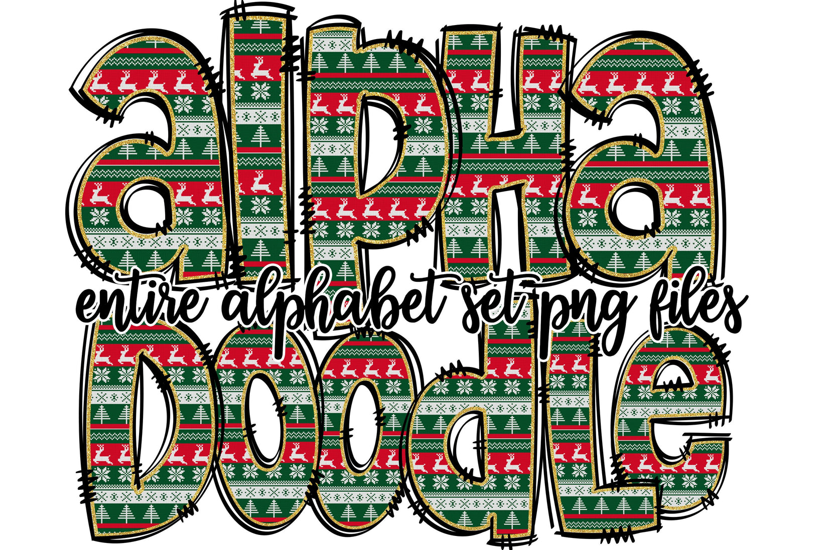 Ugly Sweater Doodle Alphabet Letters PNG Bundle, Christmas Design Hand ...