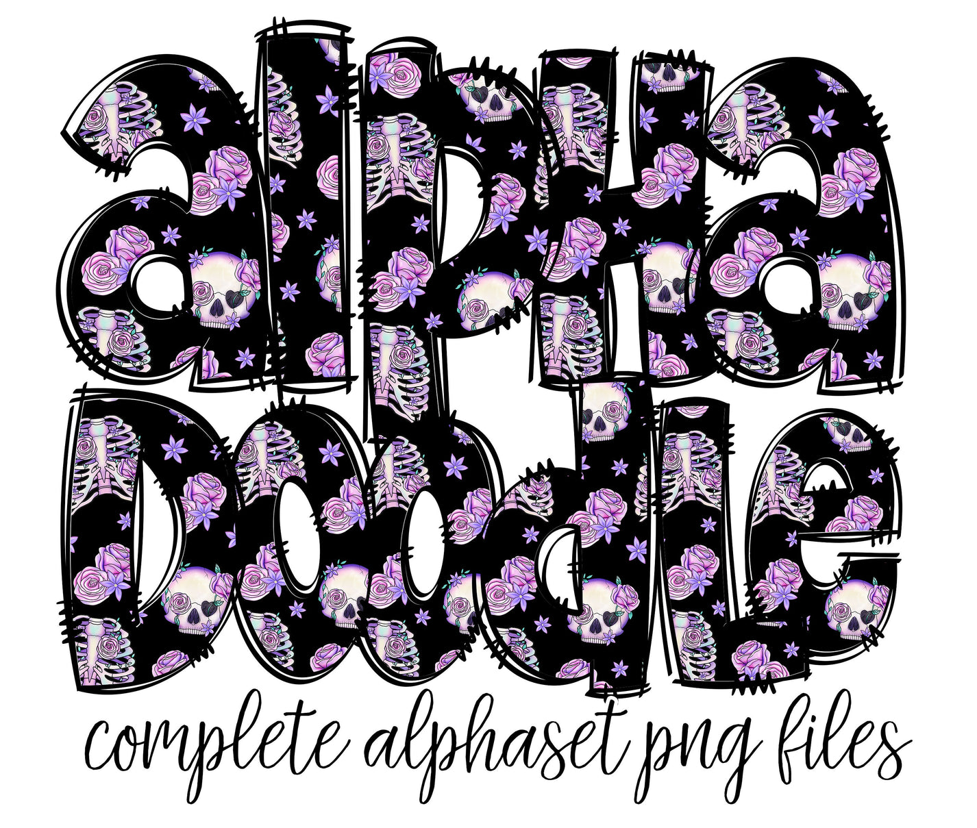 Skulls Alphapack, digital alphabet, printable alphabet, doodle font, d ...