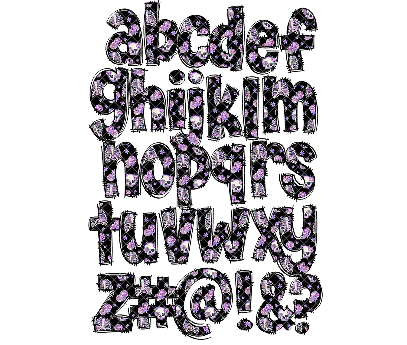 Skulls Alphapack, digital alphabet, printable alphabet, doodle font, d ...