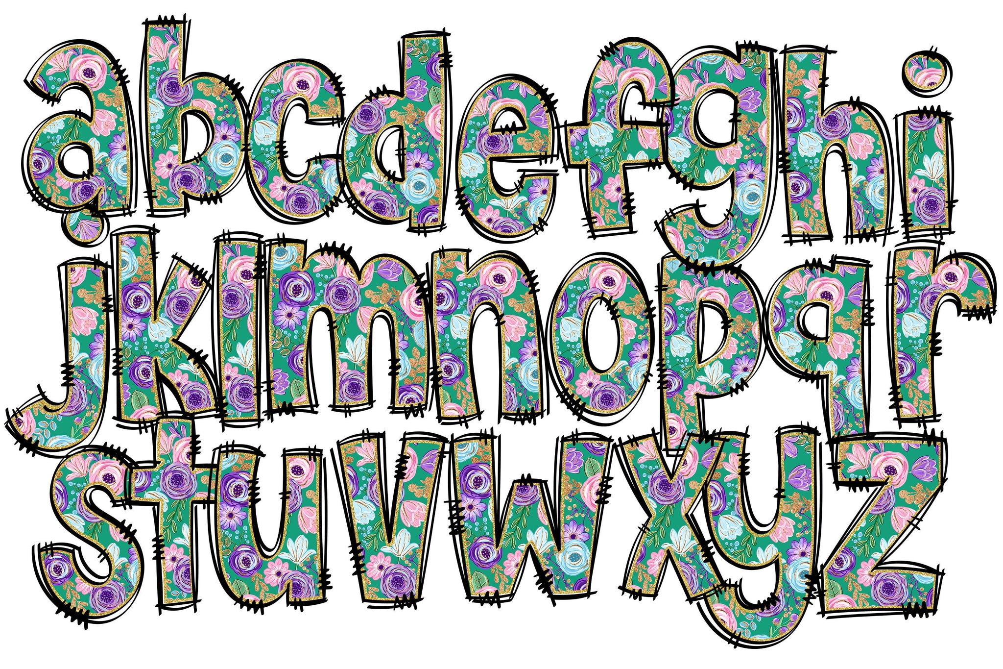 Floral Doodle Alphabet Letters PNG Bundle, Floral Design Hand Drawn Do ...