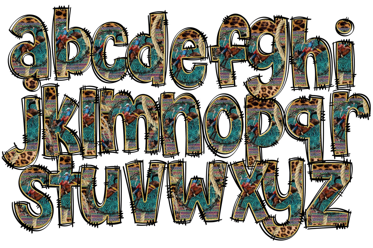 Rodeo Doodle Alphabet Letters PNG Bundle, Country Design Hand Drawn Do ...