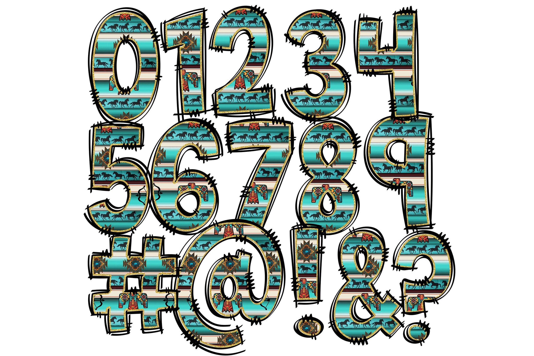 Western Aztec Alphabet Letters PNG Bundle, Country Serape, Hand Drawn ...