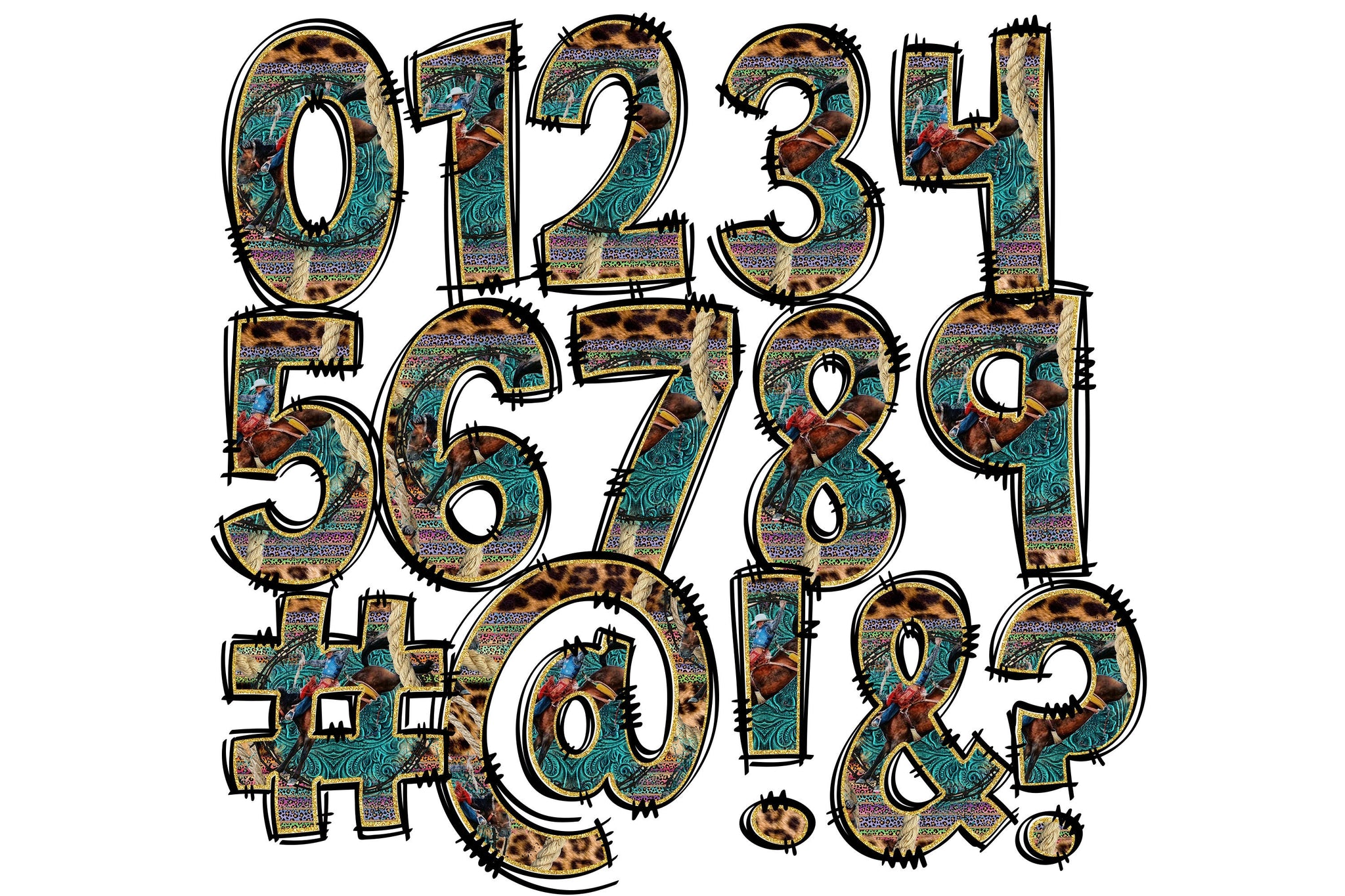 Rodeo Doodle Alphabet Letters PNG Bundle, Country Design Hand Drawn Do ...